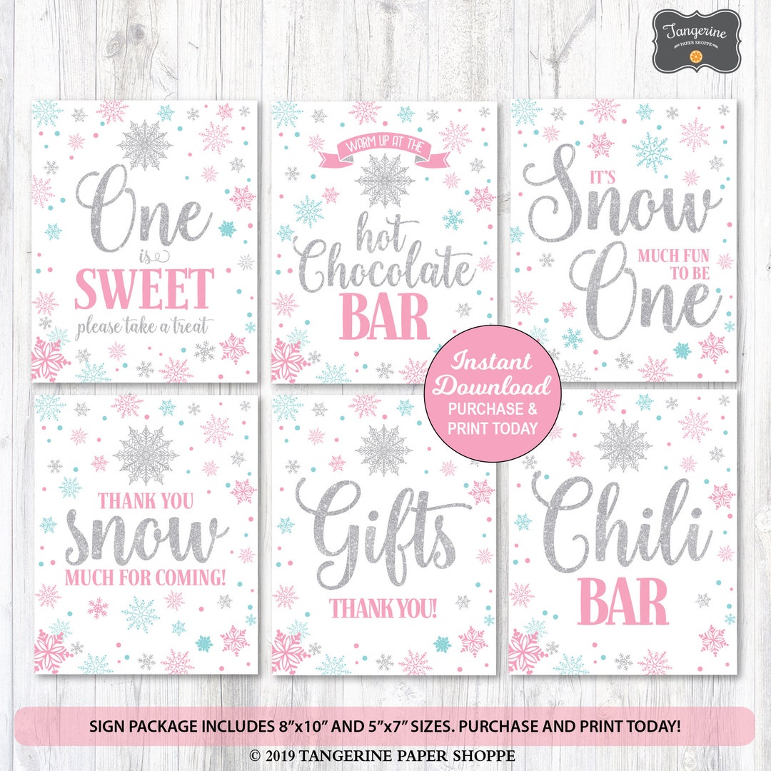 Winter Onederland Signs Set of 6, Winter Wonderland Party Sign, Pink ...