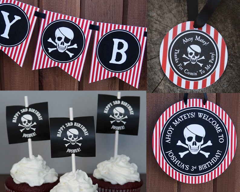 Pirate Birthday Party Favor Tags Red Black & White DIY - Etsy