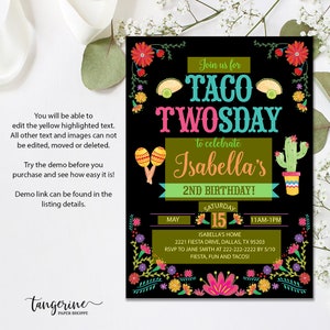 Taco Twosday Invitation Black, Fiesta Birthday Invitation Editable ...