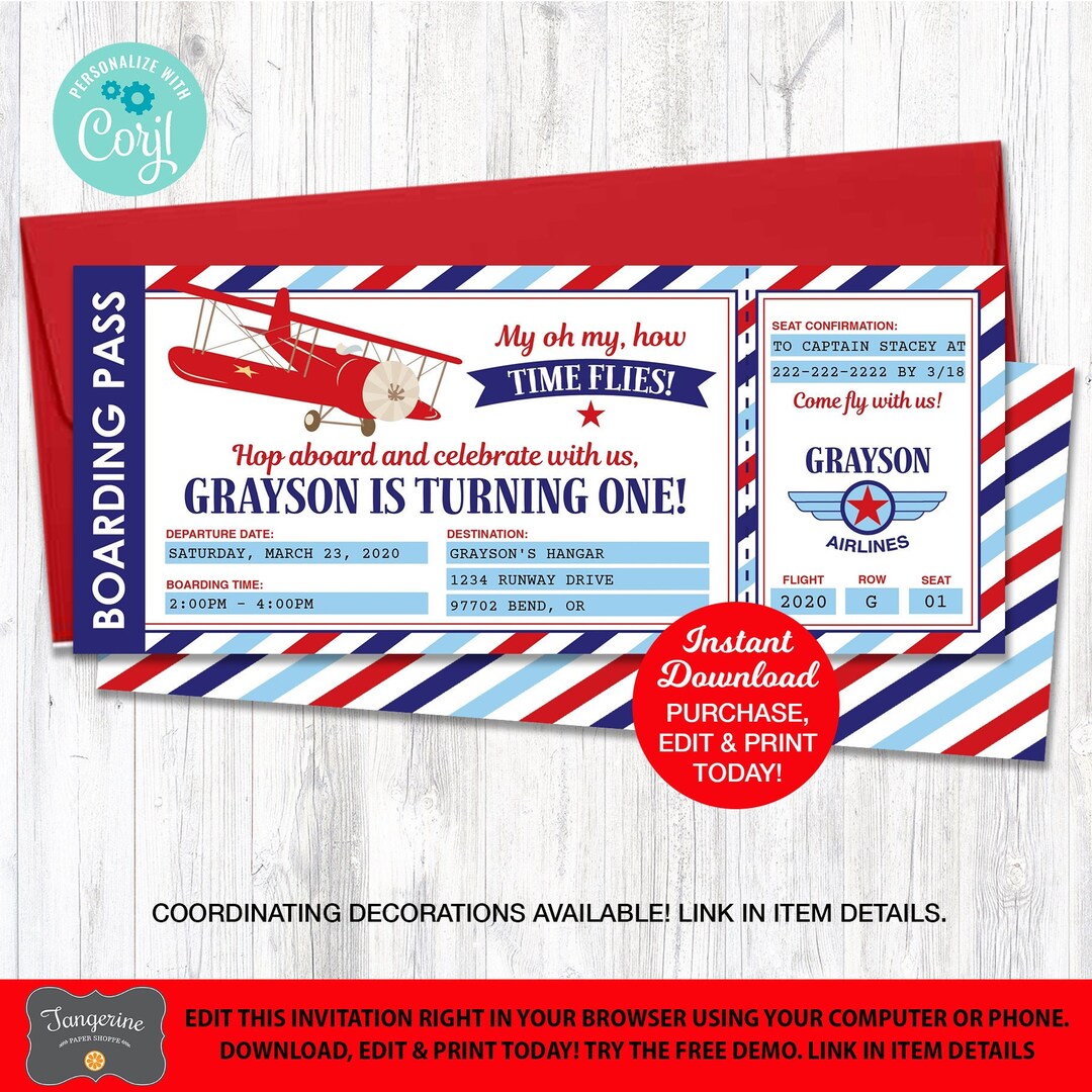 Airplane Birthday Invitation, Airplane Invitation, Airplane Ticket ...