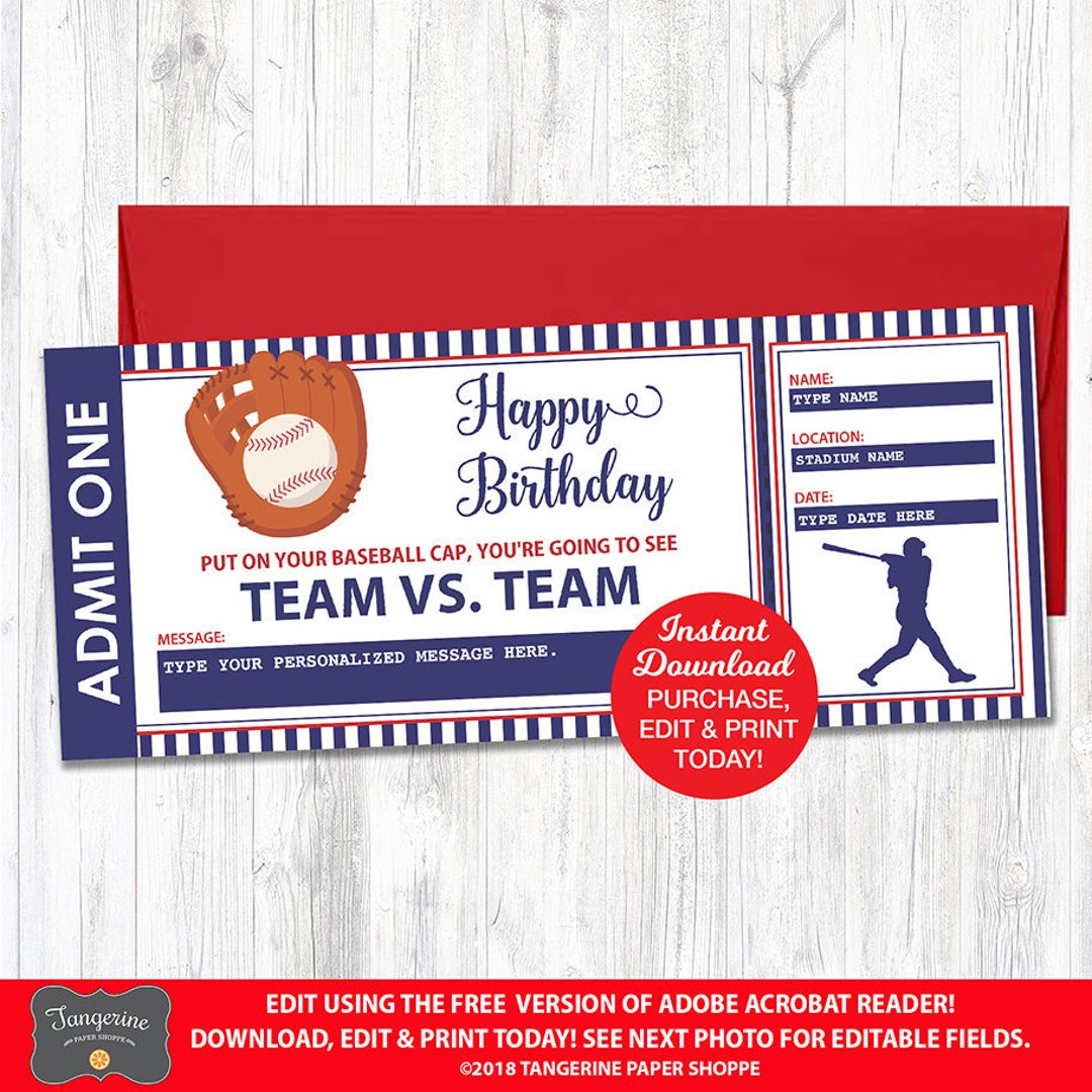 Surprise Baseball Ticket, Baseball Ticket Printable, Birthday Gift ...