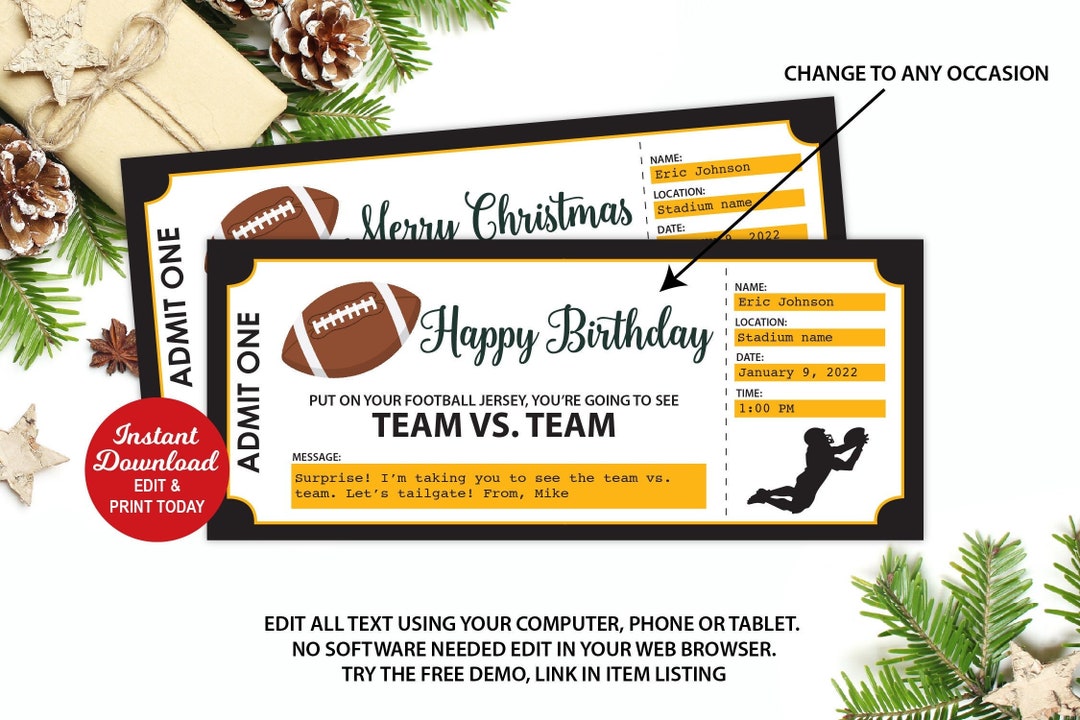 Editable Football Game Ticket, Football Gift Ticket, Birthday Football ...