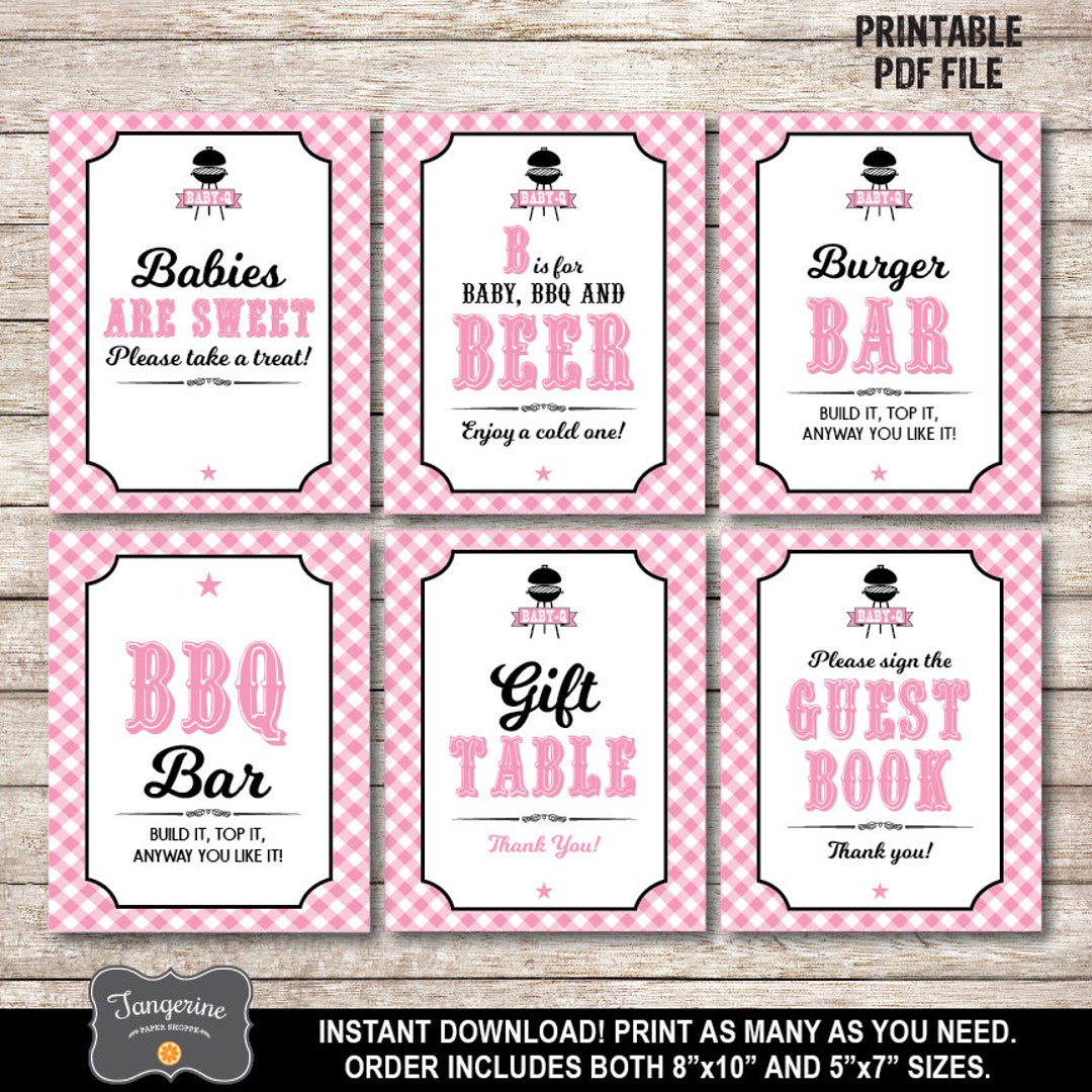 Pink Baby Q Shower Signs Set of 6, Printable Bbq Baby Shower Sign, Girl ...