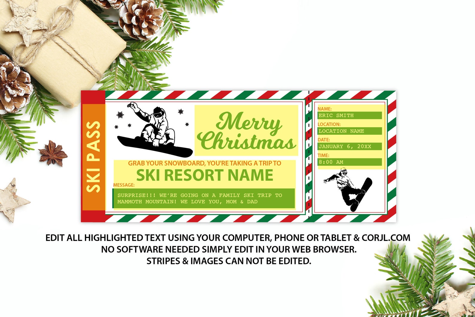 Snowboard Ticket Printable, Editable Ski Lift Pass, Surprise Ski Trip ...