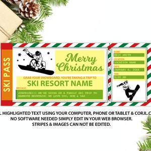 Snowboard Ticket Printable, Editable Ski Lift Pass, Surprise Ski Trip ...