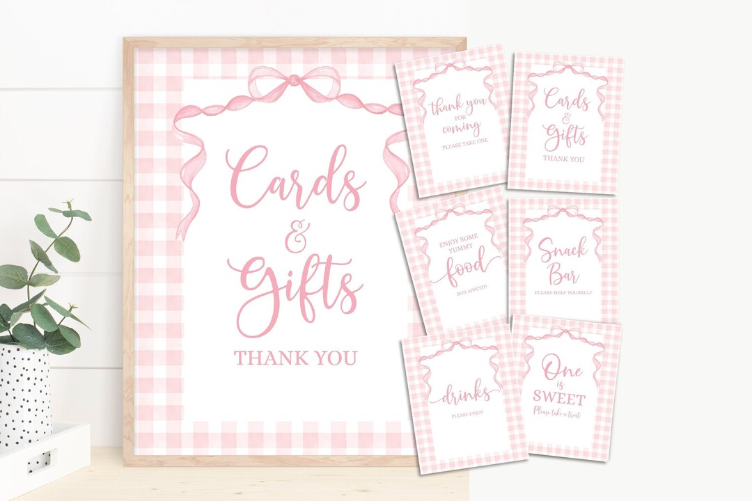 Pink Bow Gingham Birthday Sign Package Girl Party Bundle Favor Sign ...
