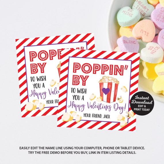 Popcorn Valentines Day Tag Printable Kids Valentine Card | Etsy