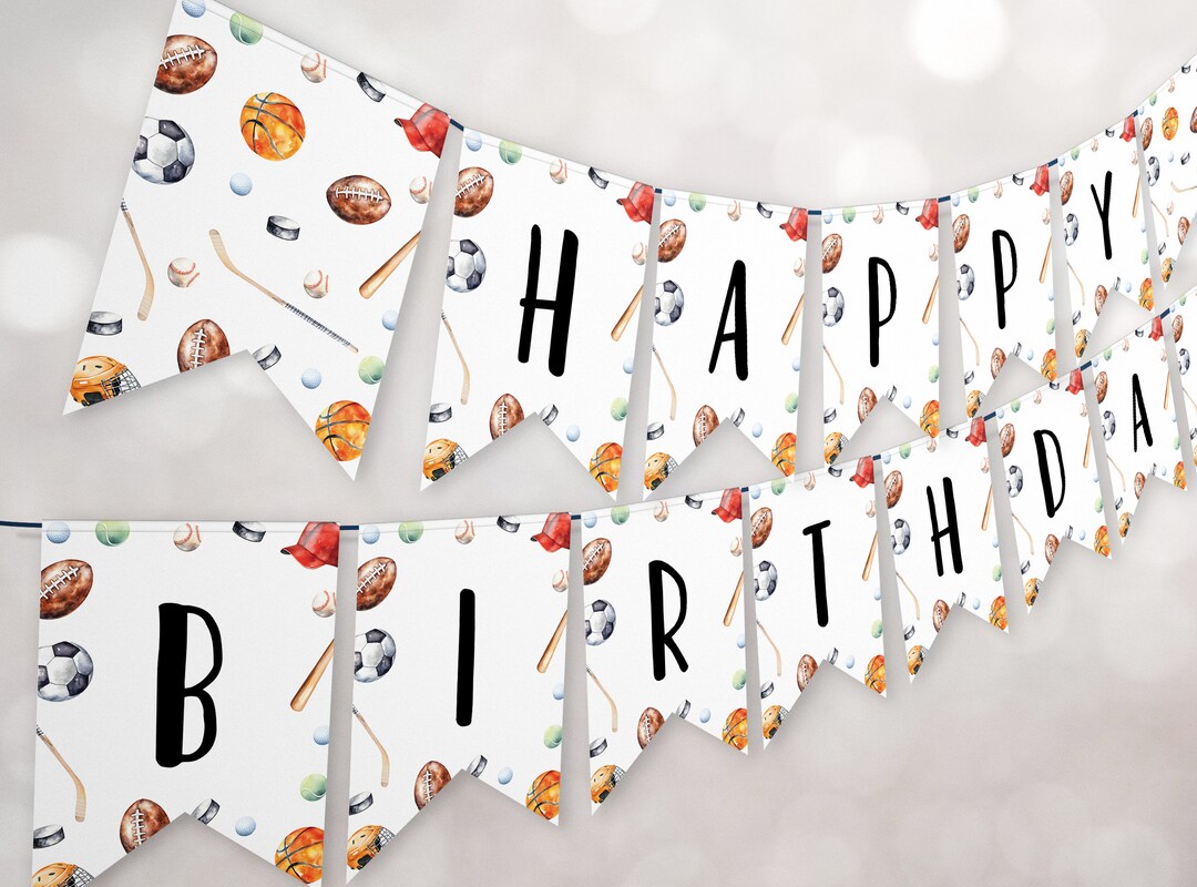 Editable Sports Happy Birthday Banner, Party Bunting Decoration ...