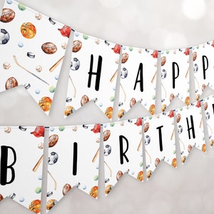 Editable Sports Happy Birthday Banner, Party Bunting Decoration ...