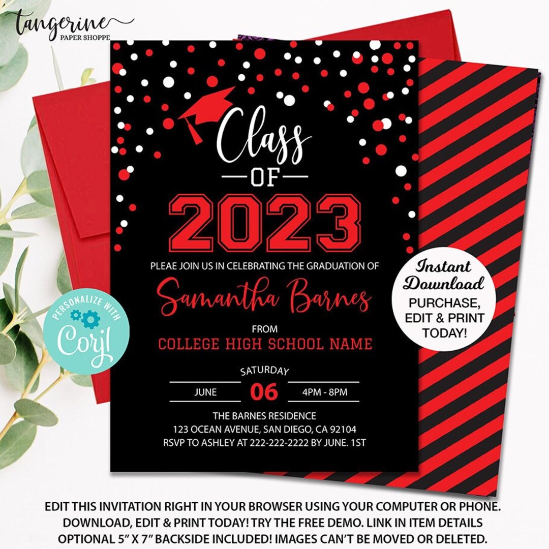 Graduation Party Invitation, Class of 2023 Announcement, Red Black ...