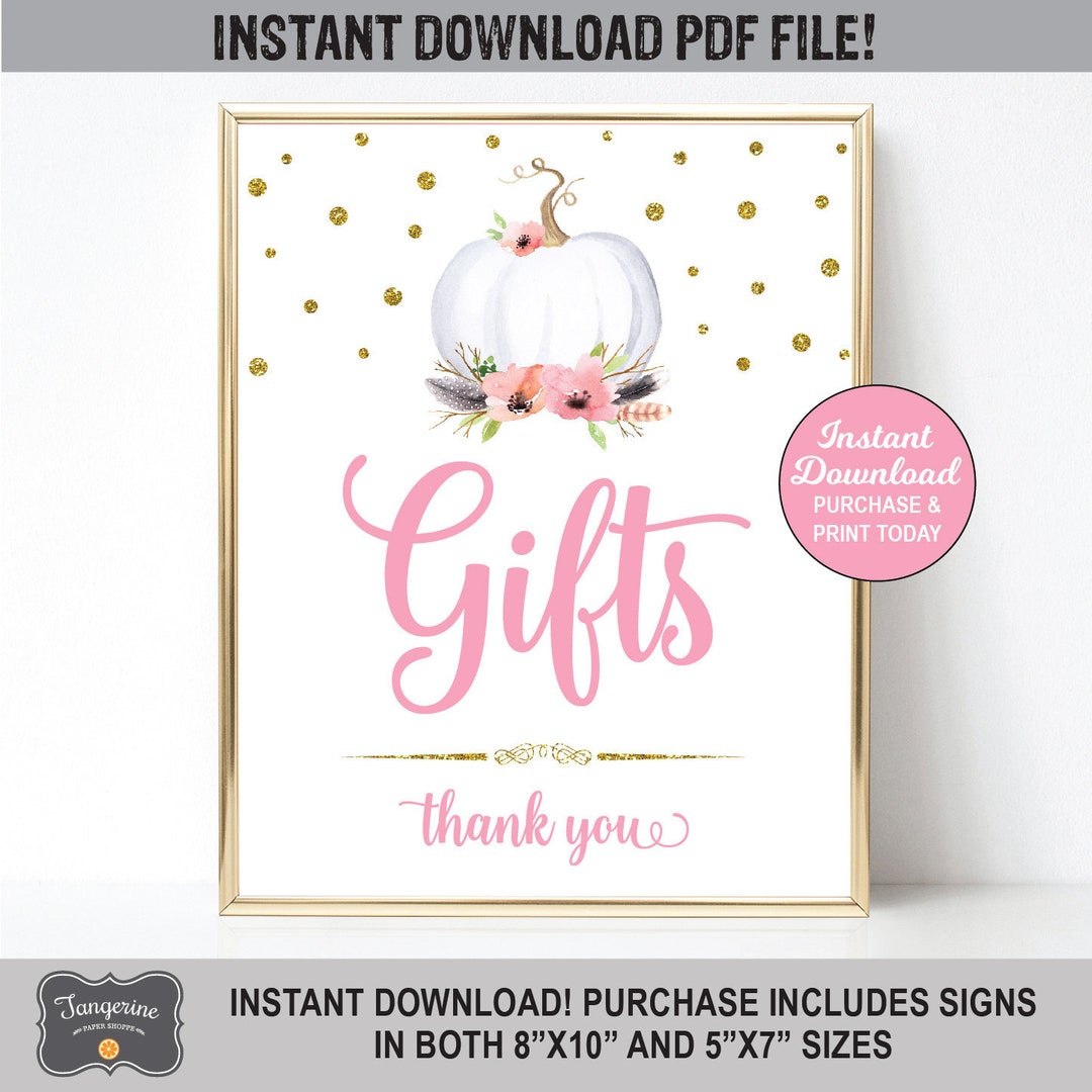 Pumpkin Gifts Sign, Printable Baby Shower Gifts Sign, Girl Baby Shower ...