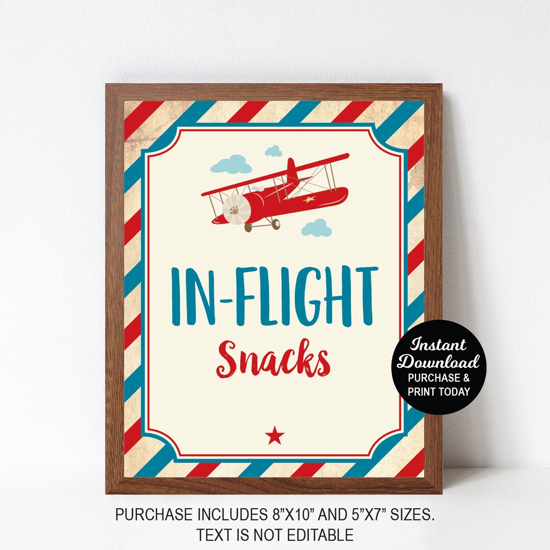 Airplane In-flight Snacks Sign, Vintage Airplane Birthday Food Sign ...
