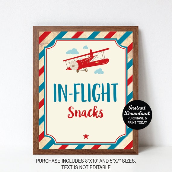 Airplane In-flight Snacks Sign, Vintage Airplane Birthday Food Sign ...