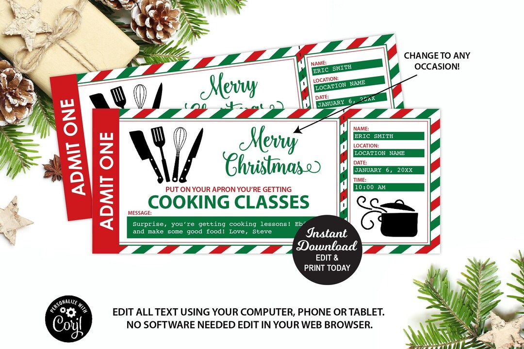 Christmas Cooking Classes Ticket, Cooking Christmas Gift, Editable ...