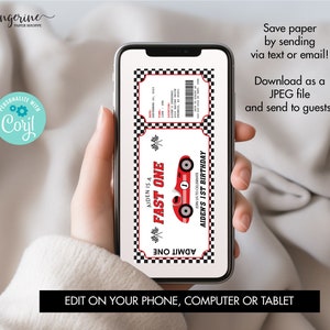 Racing 1st Birthday Ticket Invitation, Red Racecar Ticket Kid Invite ...