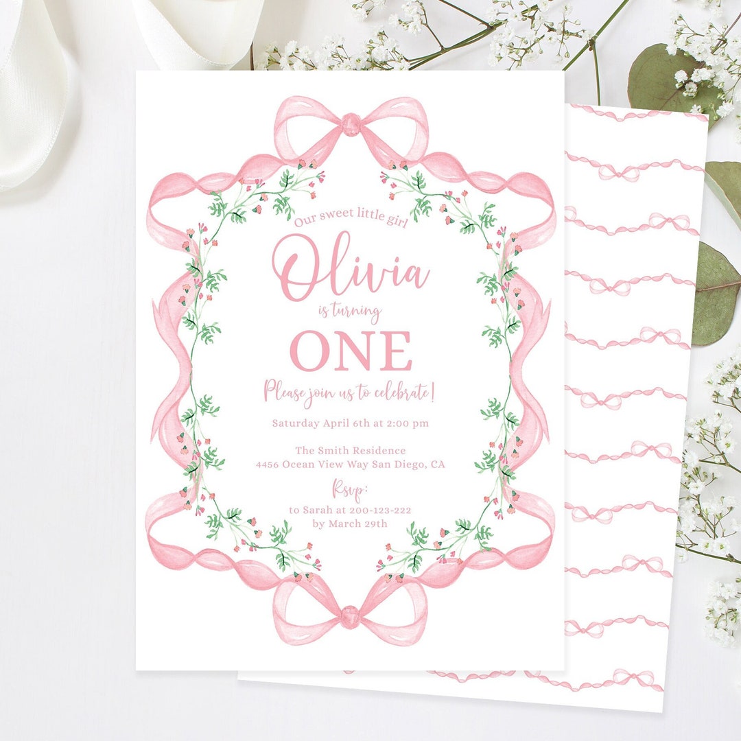 EDITABLE Bow Birthday Invitation, Pink Girl Birthday Invite, Watercolor ...