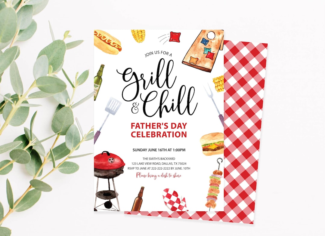 Grill and Chill Father's Day Party Invitation, BBQ Dad Celebration ...