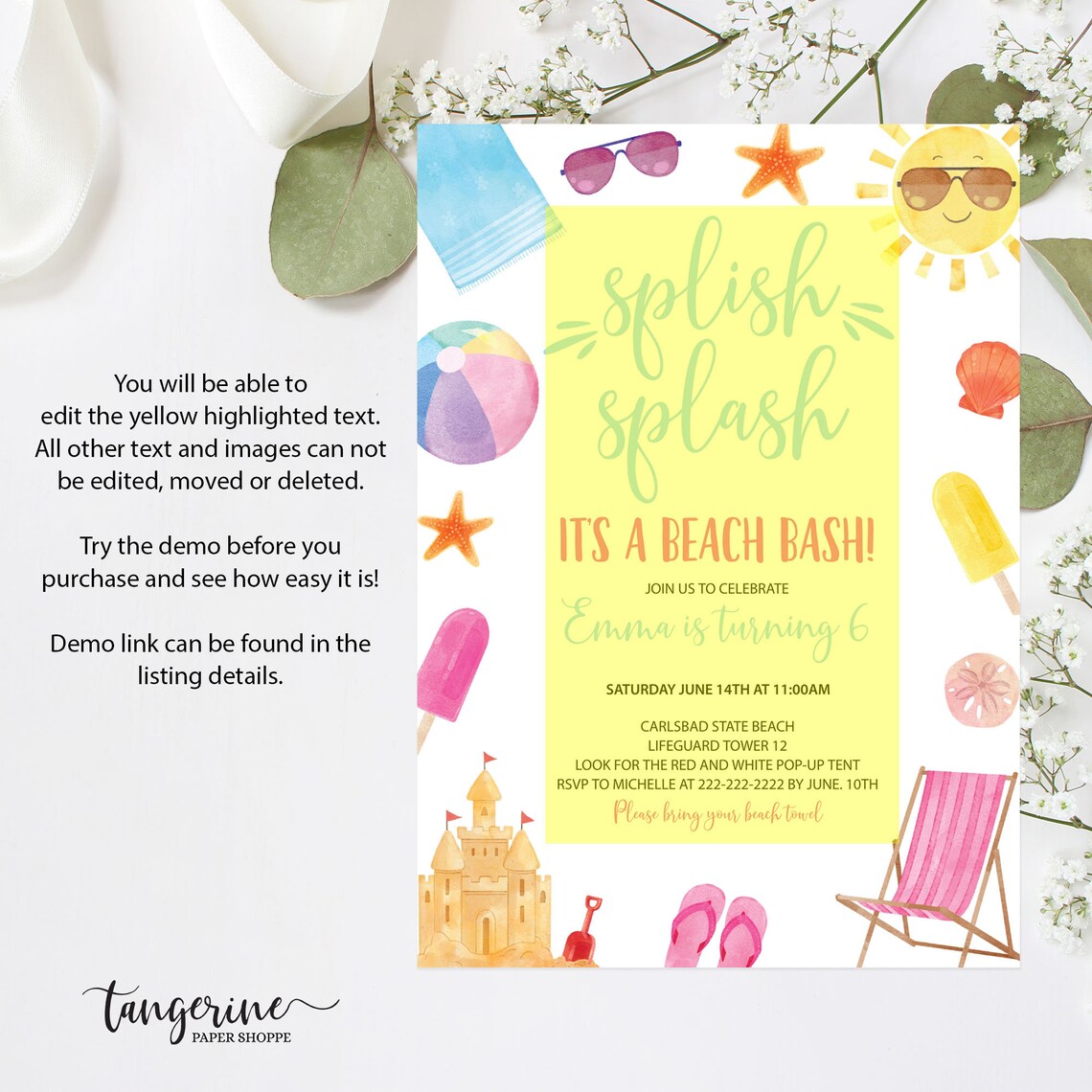 Editable Beach Birthday Party Invitation, Girl Beach Bash Invite ...