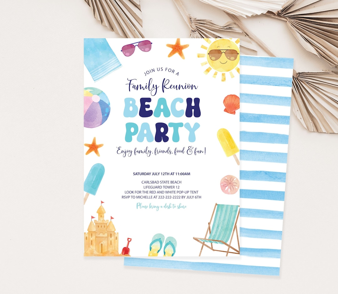Editable Family Reunion Beach Party Invitation, Family Friends Beach ...