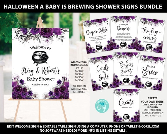Halloween A Baby is Brewing Sign Package, Halloween Baby Shower Welcome ...
