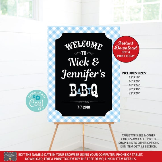 Baby Q Welcome Sign Light Blue, BBQ Baby Shower Yard Sign Printable ...