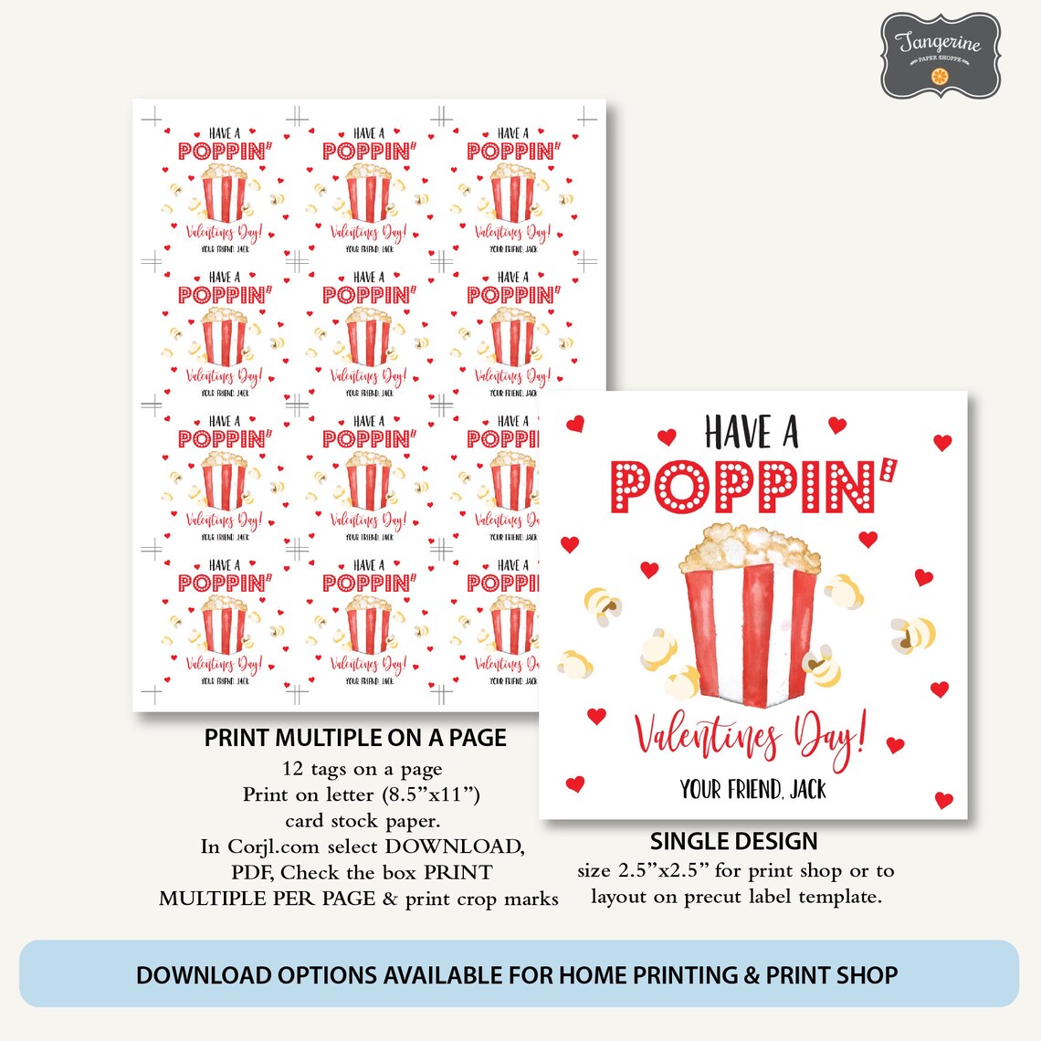 Popcorn Valentines Day Tag Printable, Kids Valentine Card, Non Candy ...
