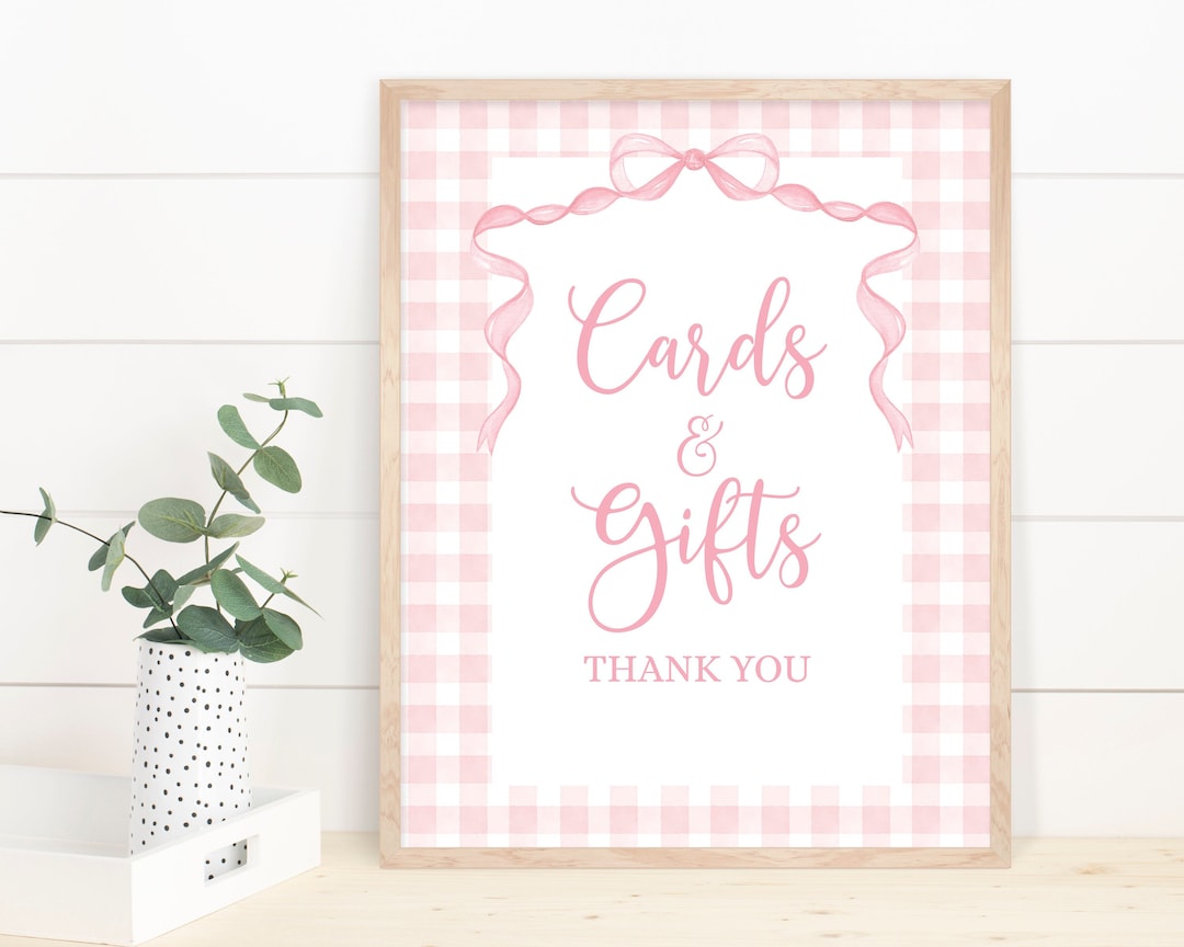 Pink Gingham Bow Cards and Gifts Sign, Gift Table Sign, Watercolor Bow ...