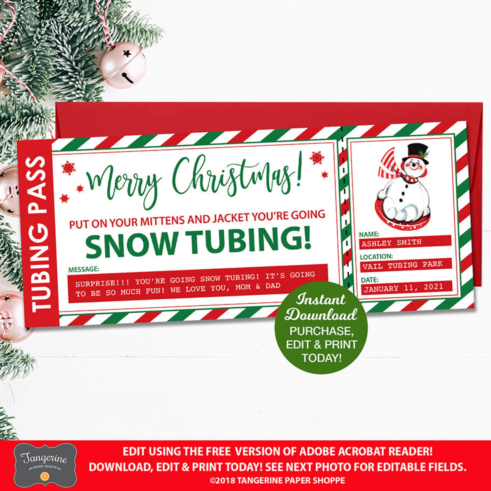 Snow Tubing Ticket Editable Christmas Gift Sledding Ticket | Etsy