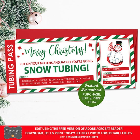 Snow Tubing Ticket Editable Christmas Gift Sledding Ticket | Etsy