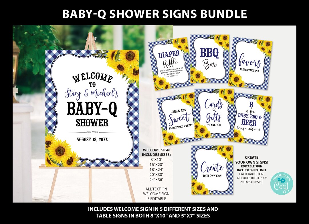 Baby Q Sign Bundle Navy Blue Baby Q Welcome Sign BBQ Baby Shower Sign ...