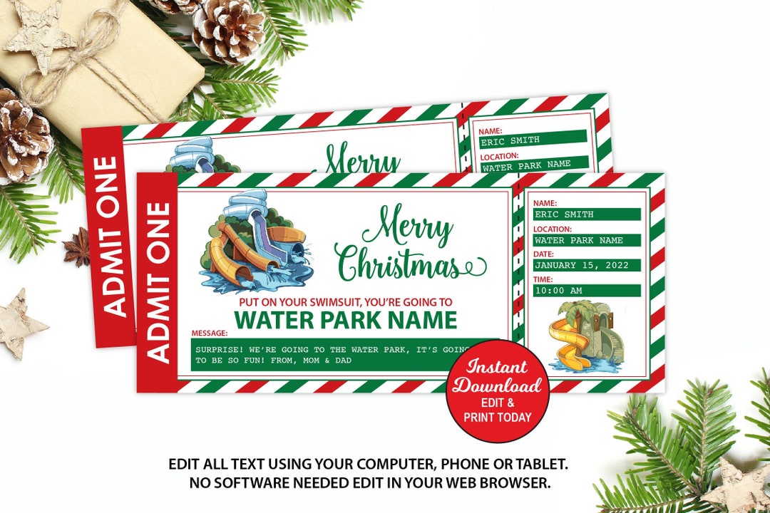 Surprise Water Park Ticket Christmas Gift Editable Water - Etsy