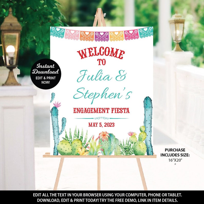 Fiesta Engagement Welcome Sign Template, Editable Cactus Engagement ...