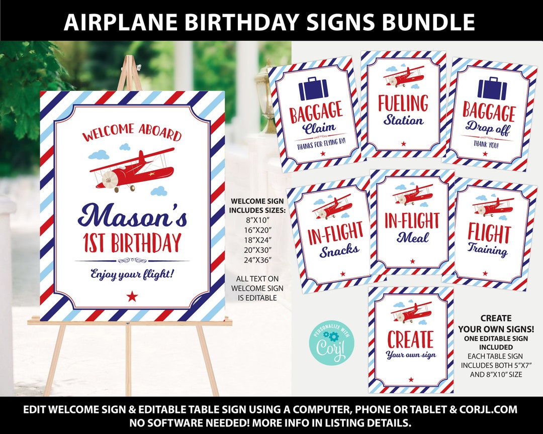 Airplane Birthday Sign Package, Airplane Birthday Welcome Sign ...