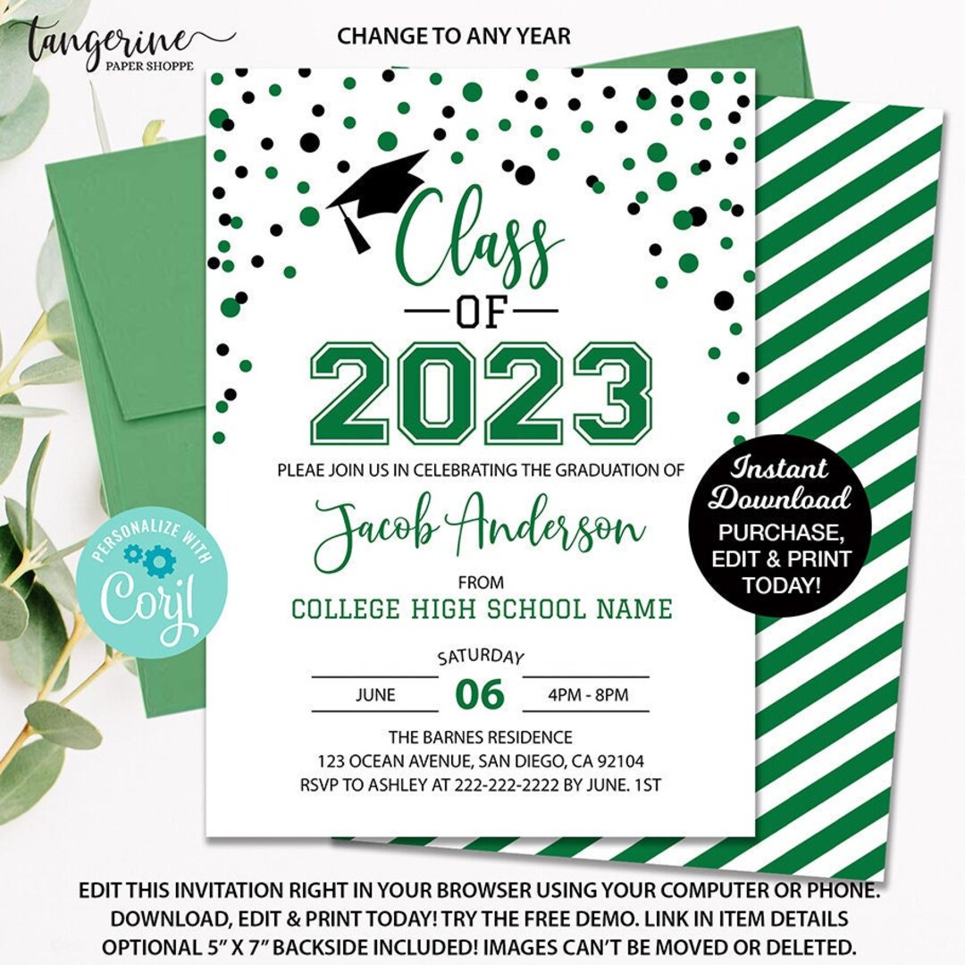 Editable Graduation Party Invitation, Green Class of 2024 Announcement ...