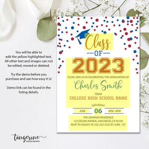Graduation Invitation Template, Class of 2025 Announcement, Red Blue ...
