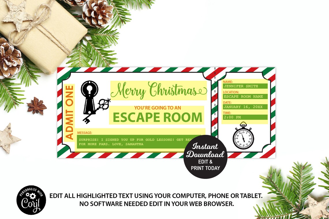 Escape Room Ticket Editable, Christmas Gift, Surprise Gift Ticket ...