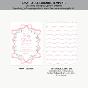 EDITABLE Pink Bow Baby Shower Invitation, Baby Girl Sweet Baby Shower ...