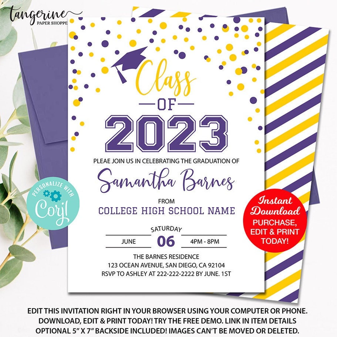 Editable Graduation Party Invitation Purple & Yellow Class of 2024 ...