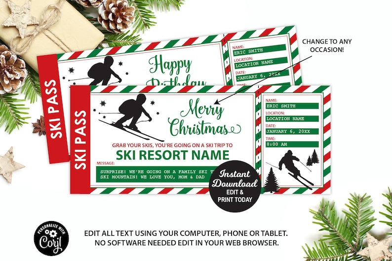 Christmas Ski Trip Ticket, Ski Lift Ticket Template, Surprise Skiing ...