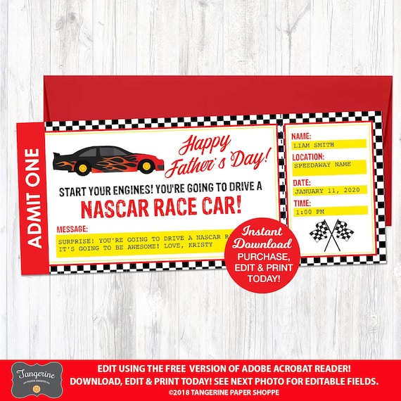 Drive A Race Car Ticket, Father's Day Fake Nascar Ticket, Surprise Race ...