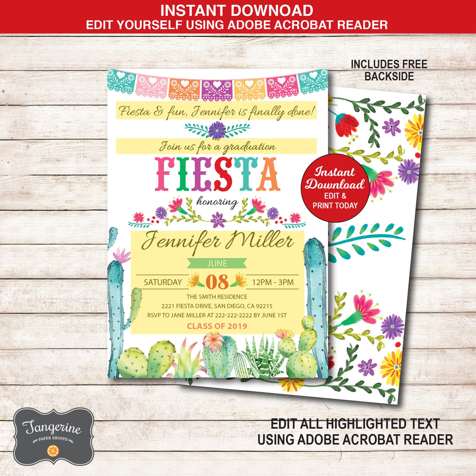 Fiesta Graduation Invitation, Editable Graduation Invitation, Cactus ...