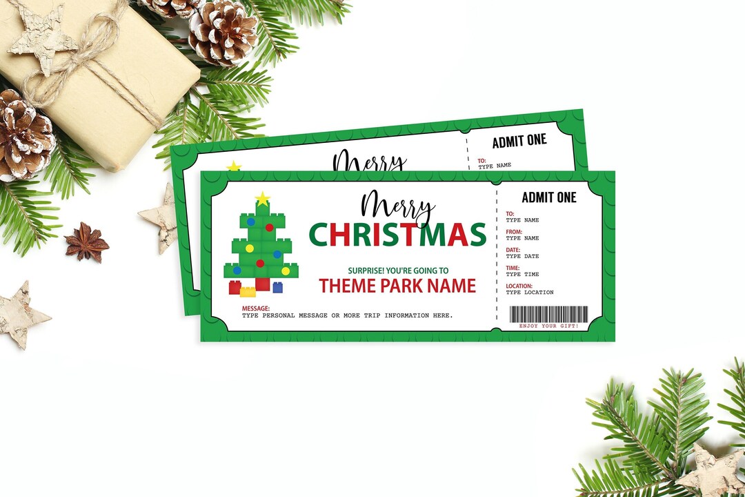 Editable Theme Park Ticket, Surprise Christmas Gift Printable Christmas ...