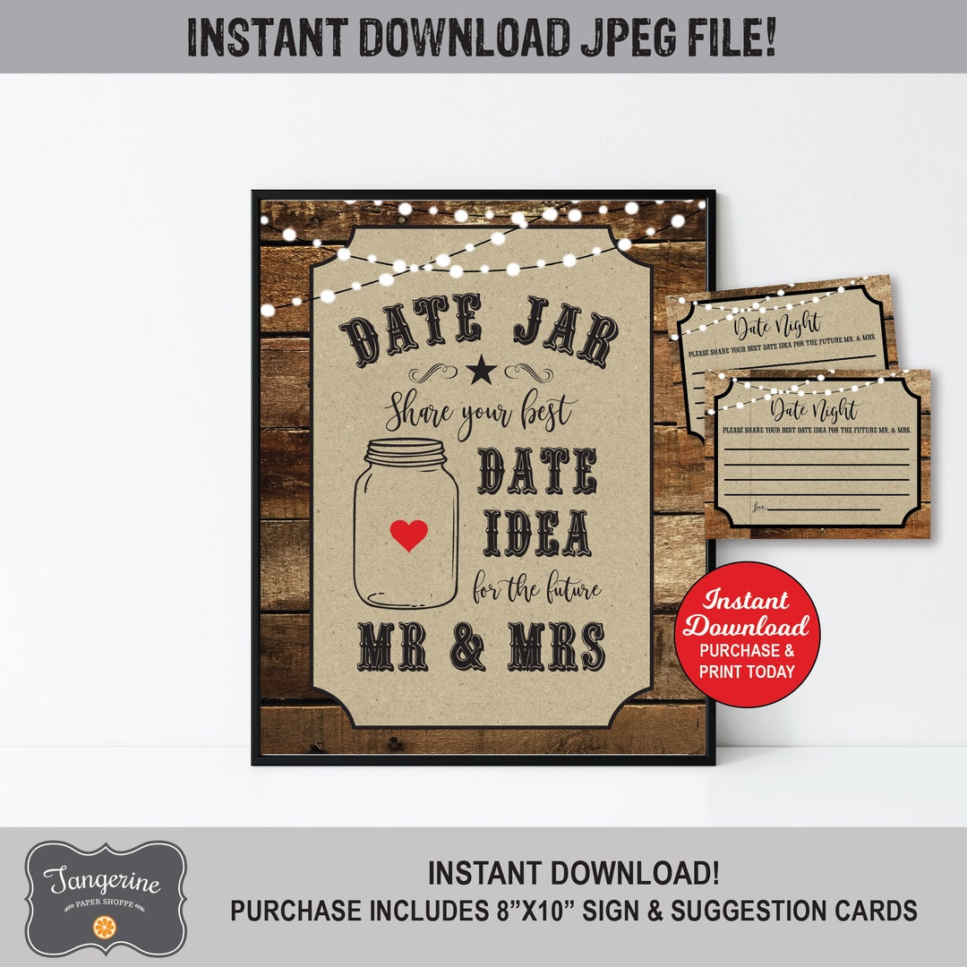 Date Night Jar Sign and Cards, Date Night Ideas, I Do Bbq Games, Rustic ...