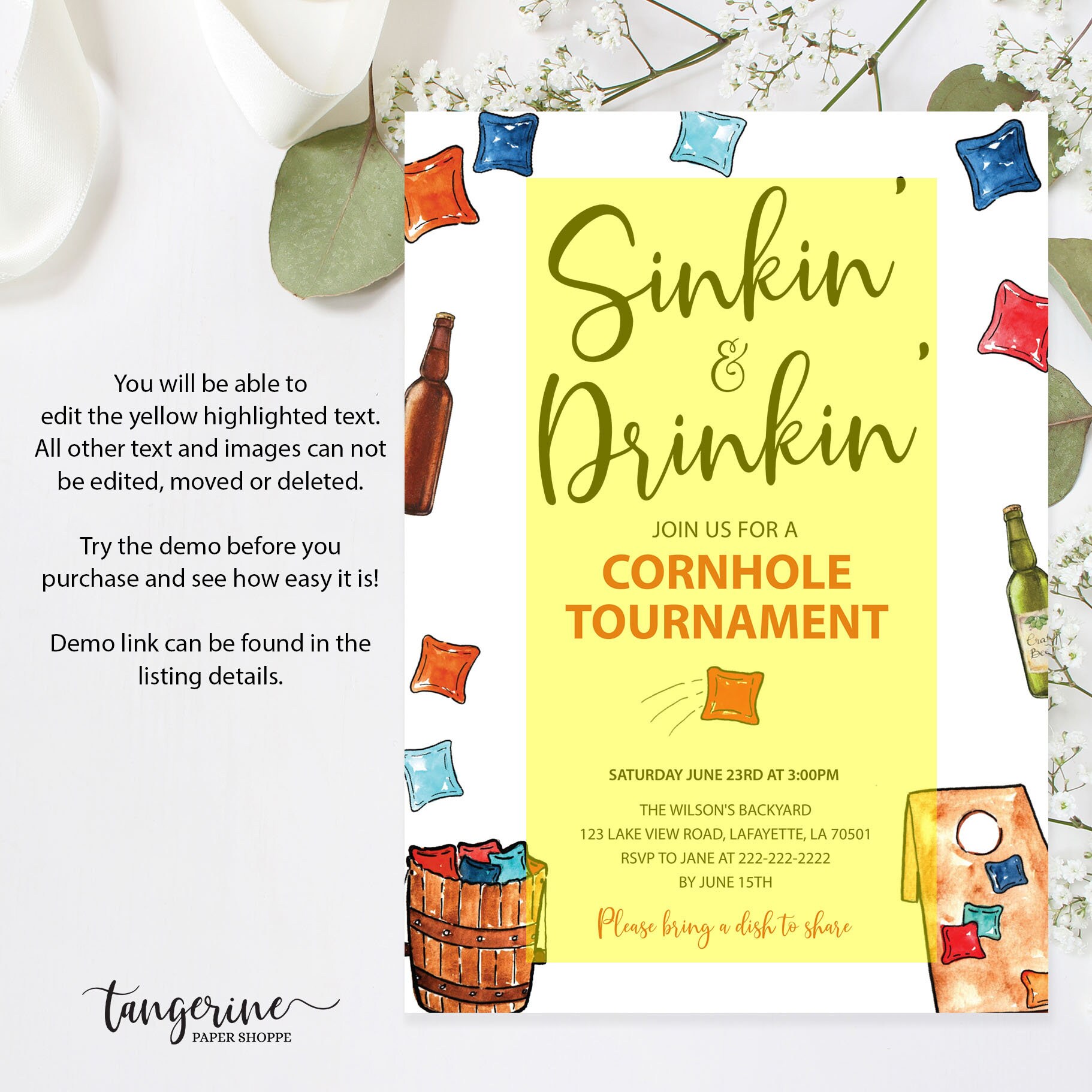 Editable Cornhole Tournament Party Invitation, Sinkin' and Drinkin ...