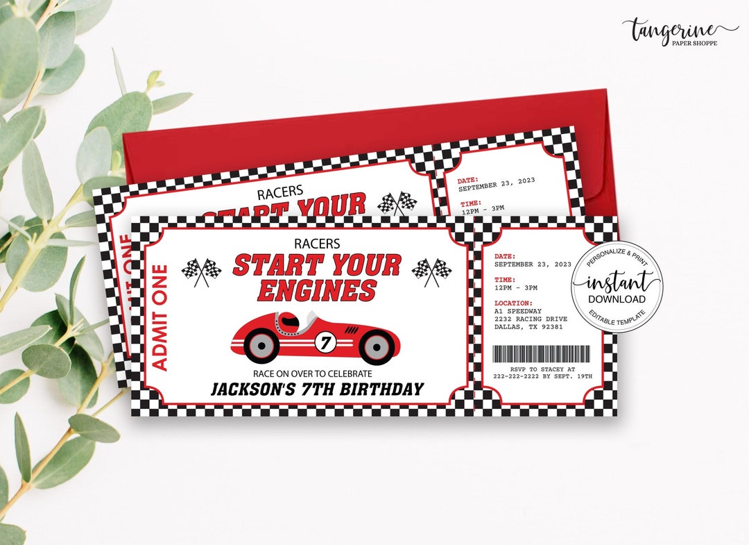 Race Car Birthday Invitation Ticket, Editable Ticket Birthday ...