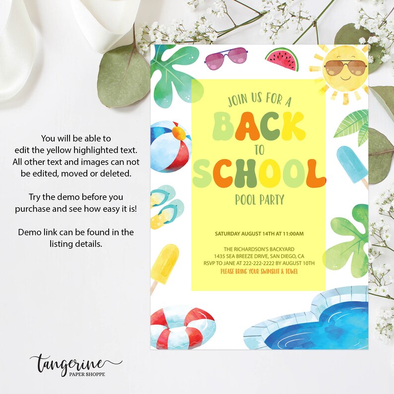 Editable Back to School Pool Party Invitation, Swimming Pool Party ...