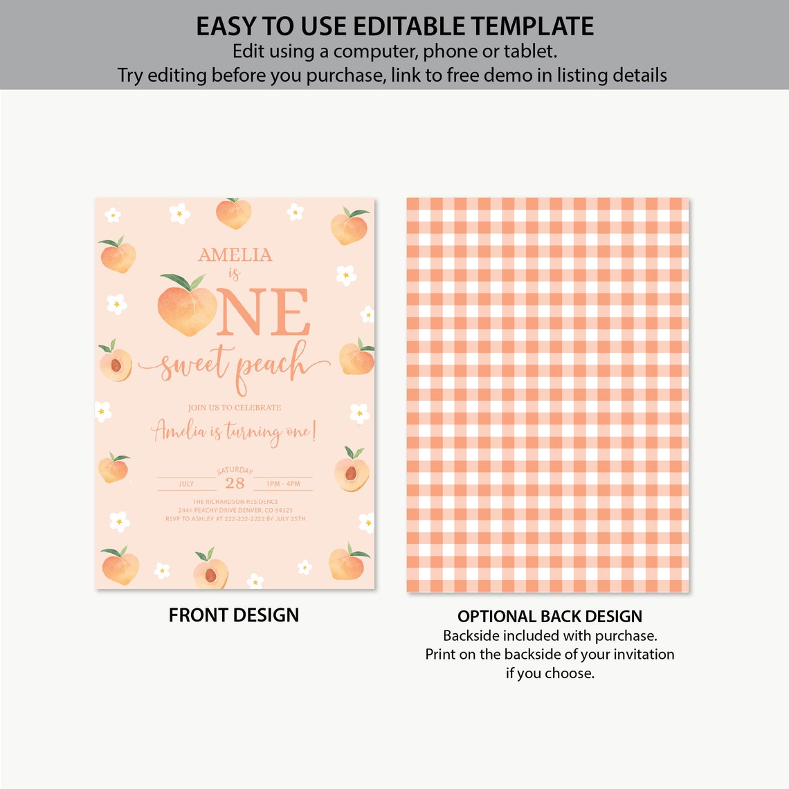 Editable Peach Birthday Invitation, One Sweet Peach First 1st Birthday ...