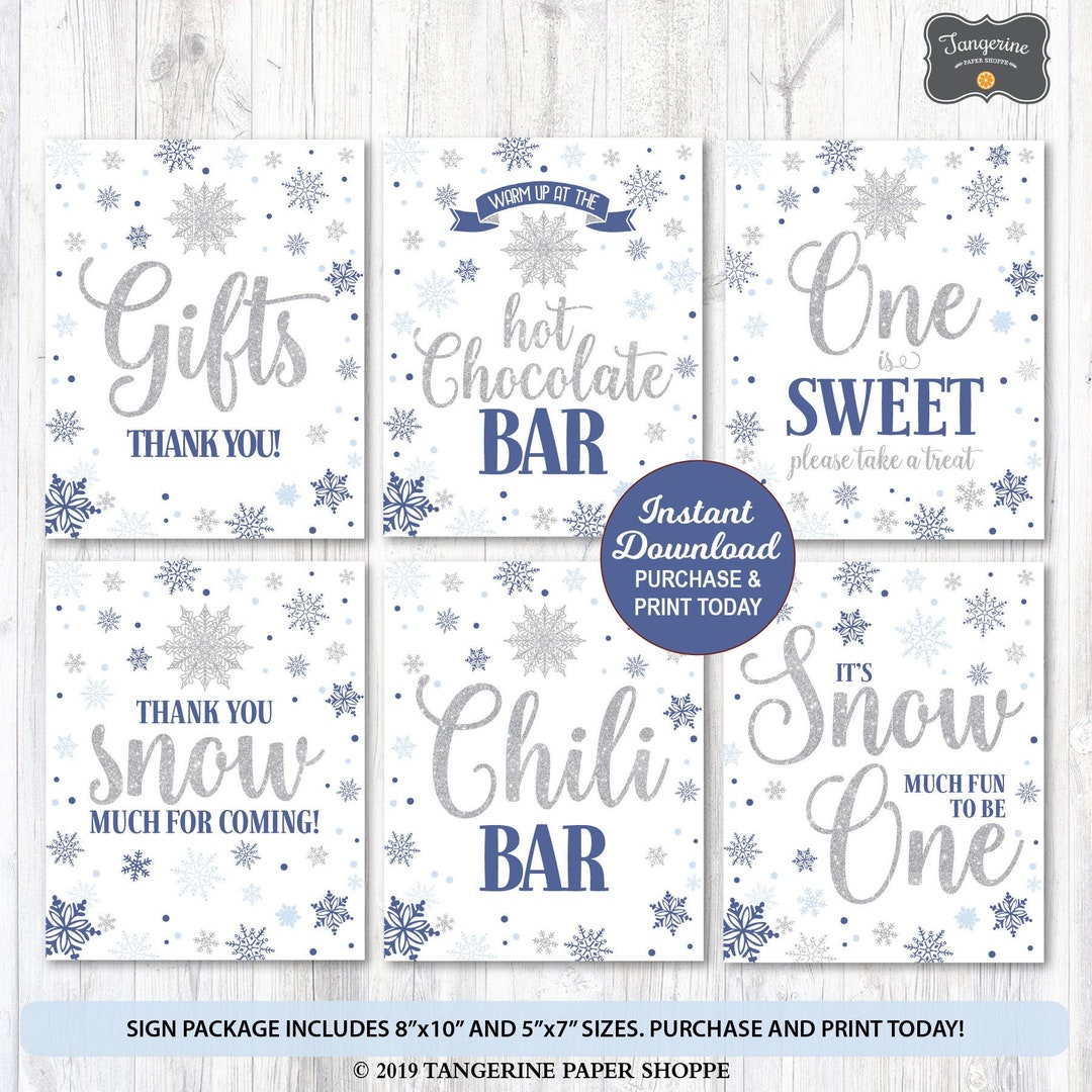 Winter Onederland Signs Set of 6, Blue and Silver First Birthday Sign ...
