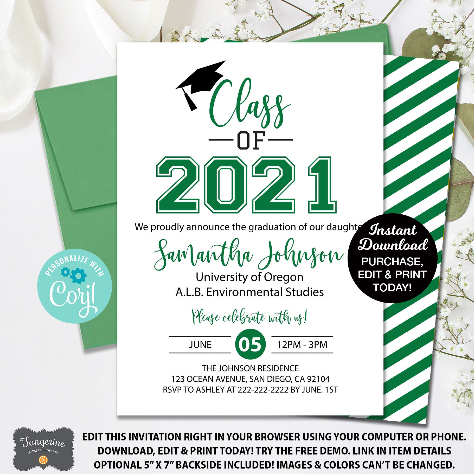 Graduation Invitation Green Graduation Announcement Class of | Etsy