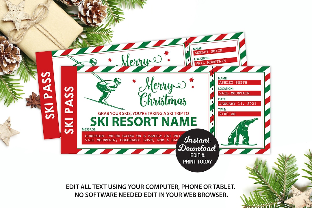 Ski Trip Ticket, Snowboard Ticket, Ski Lift Ticket Template, Surprise ...